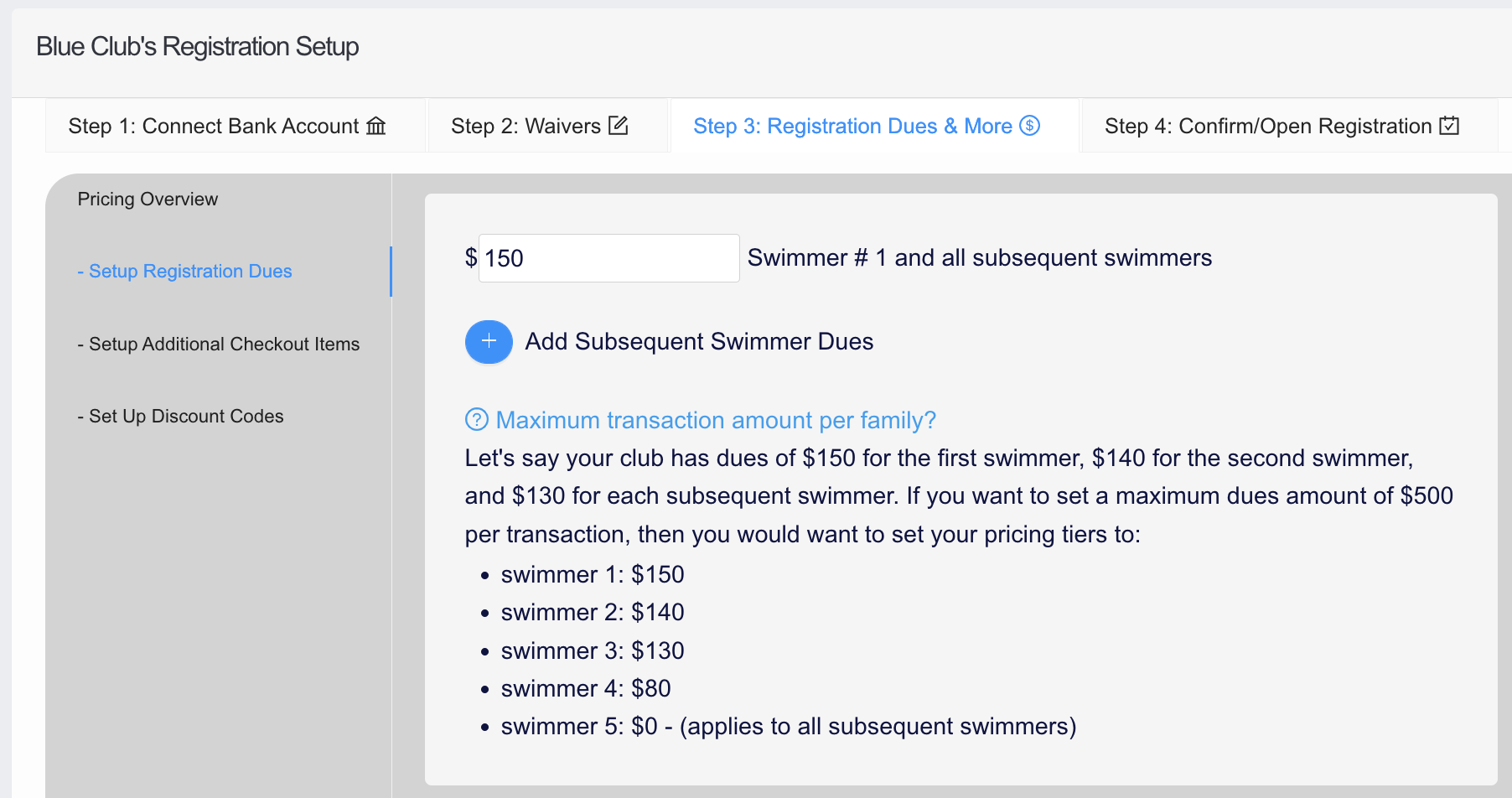 Setup club registration dues in Premium Club Registration (Step 3)?
