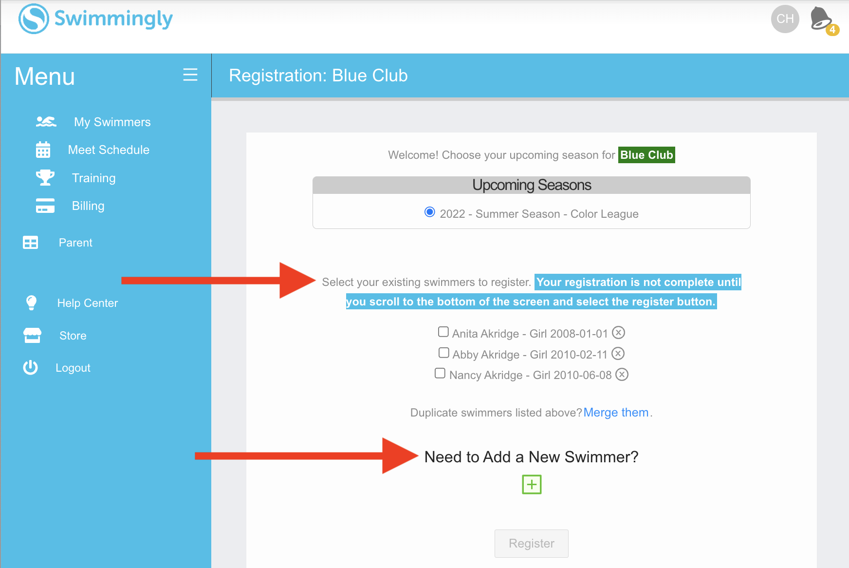 Register & sign-up my swimmer as a RETURNING parent/guardian